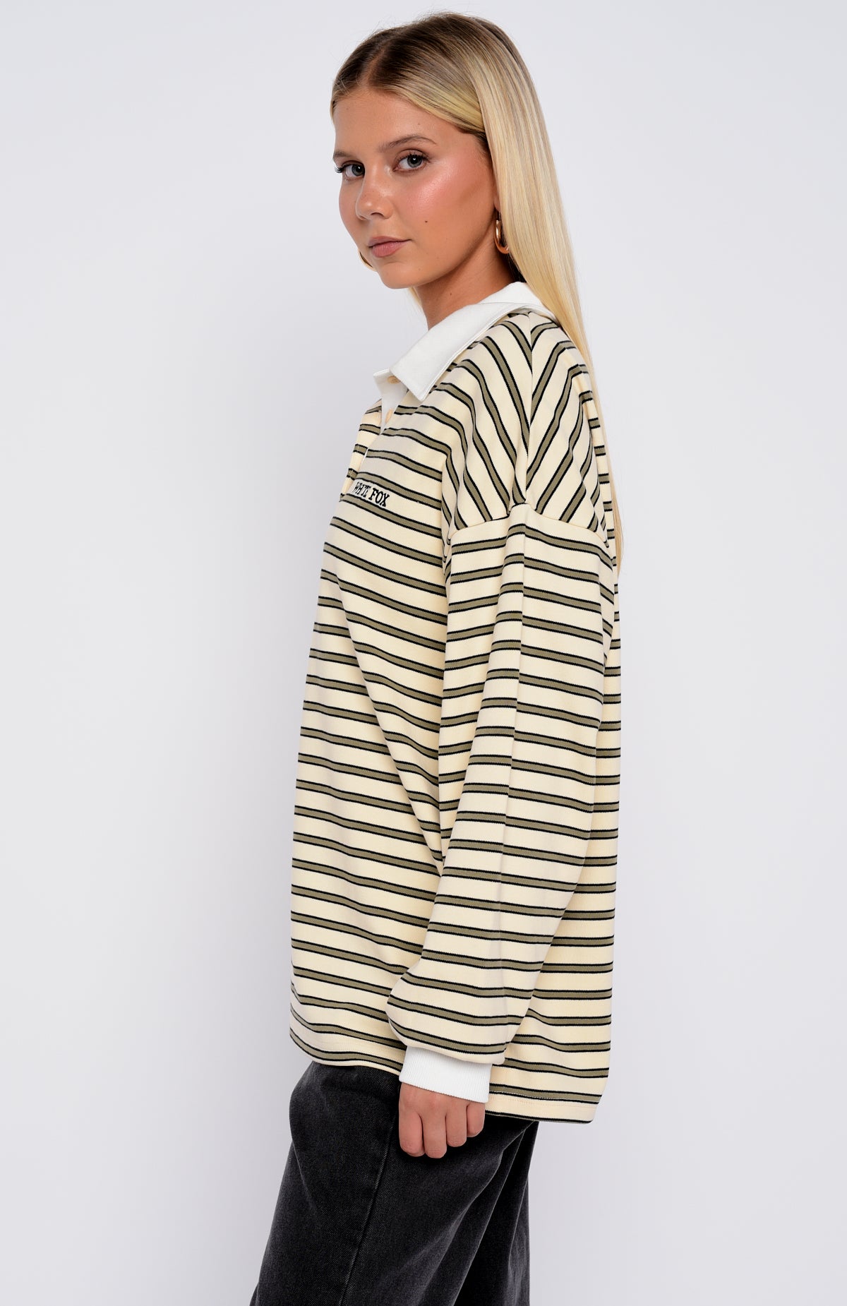 Out Again Long Sleeve Rugby Shirt Cream/Olive Stripe | White Fox Boutique