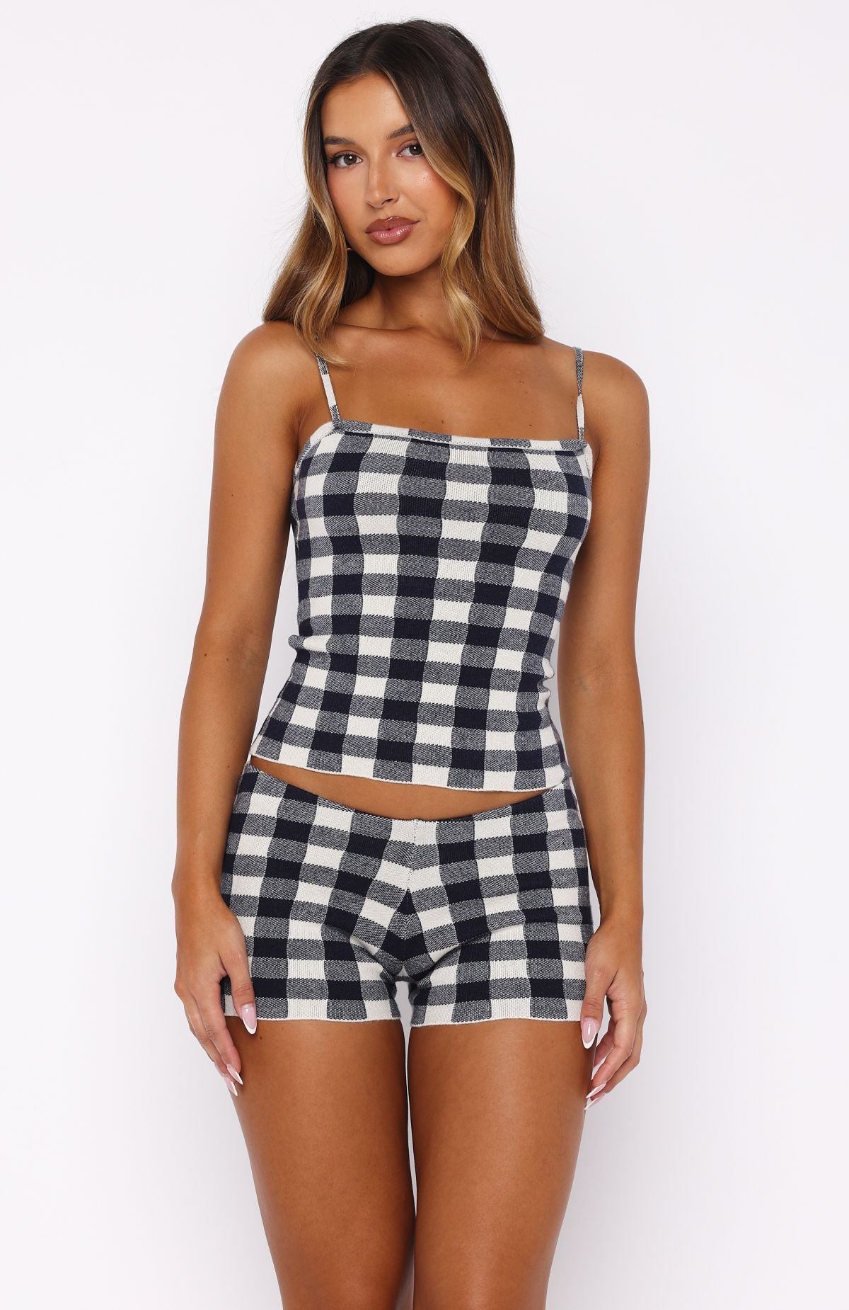 Iconic Duo Knit Mini Shorts Navy/Cream Gingham | White Fox Boutique
