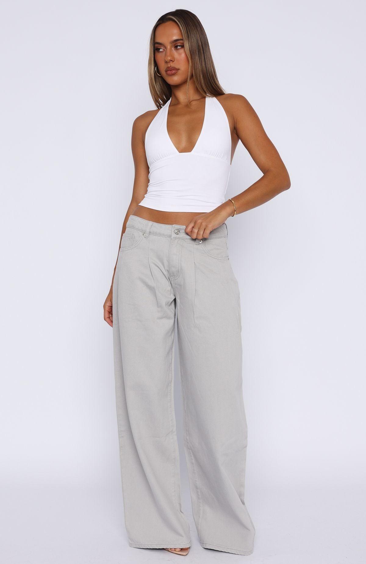 Iris Low Rise Wide Leg Jeans Light Grey | White Fox Boutique
