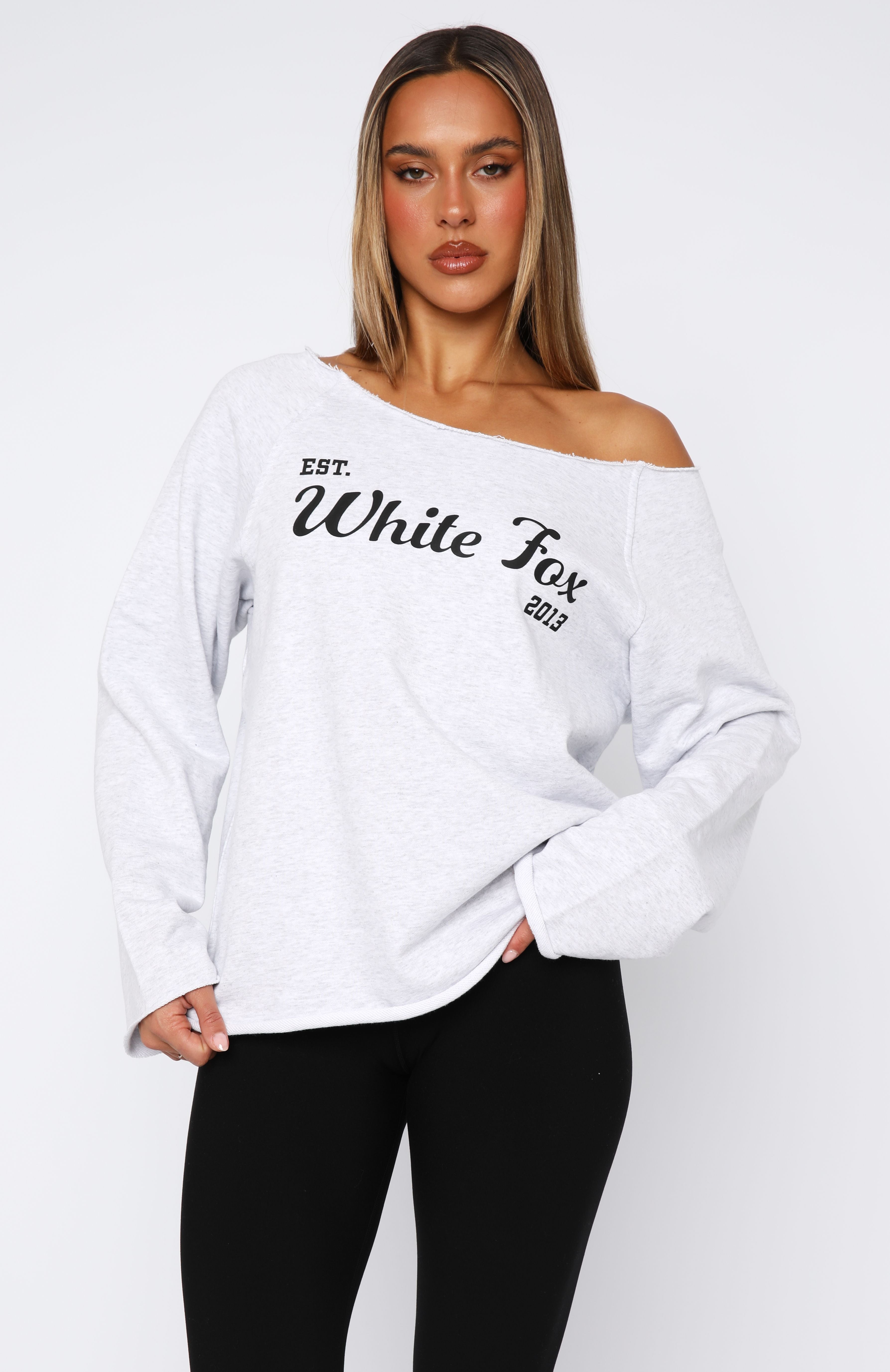 Celebrating Me Off Shoulder Sweater Grey Marle | White Fox Boutique