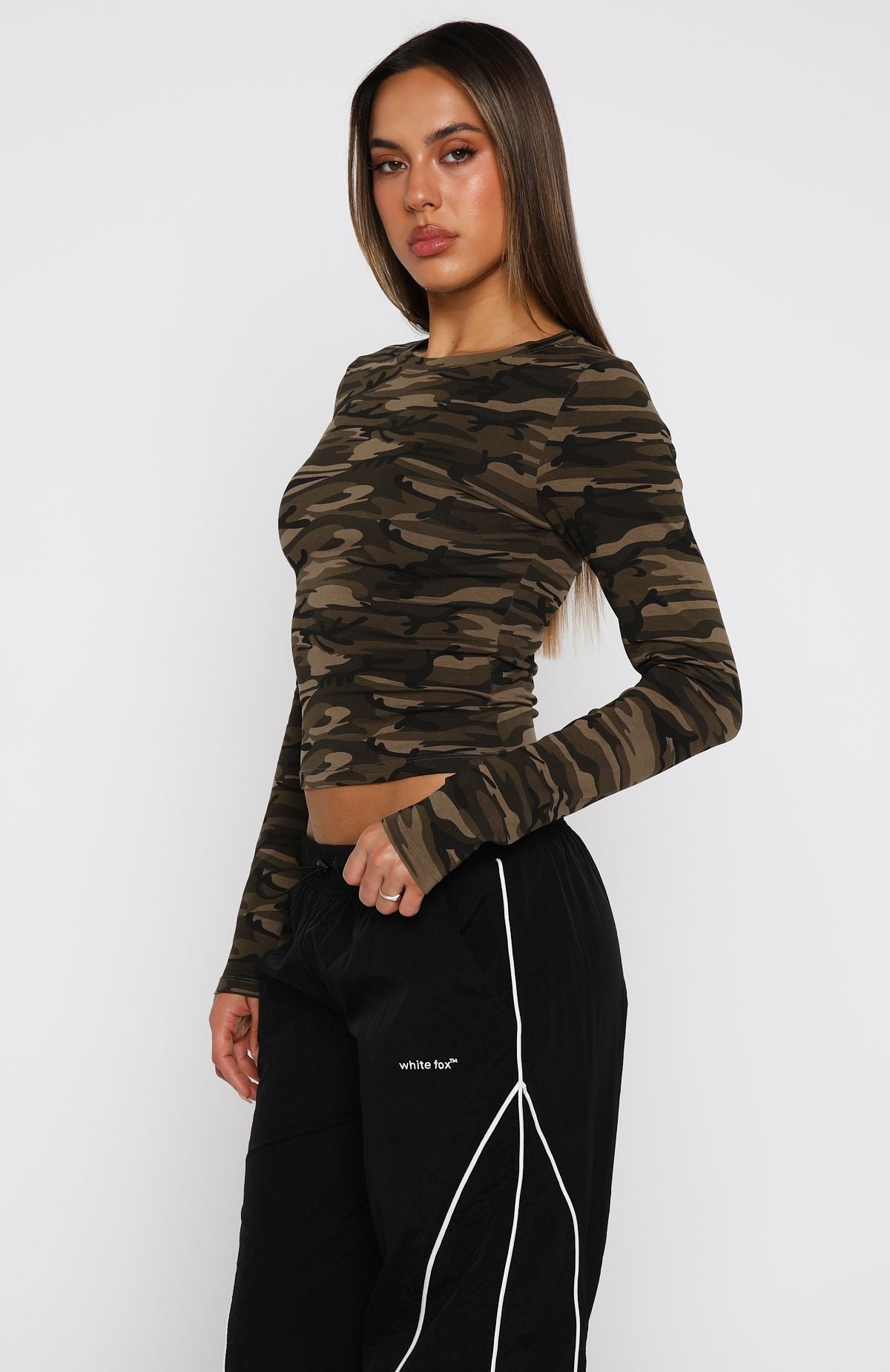 Don't Rein Me In Long Sleeve Baby Tee Camo | White Fox Boutique