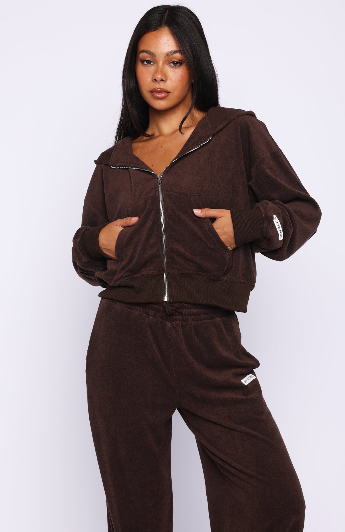 Causing Commotion Terry Boxy Zip Front Hoodie Chocolate | White Fox ...