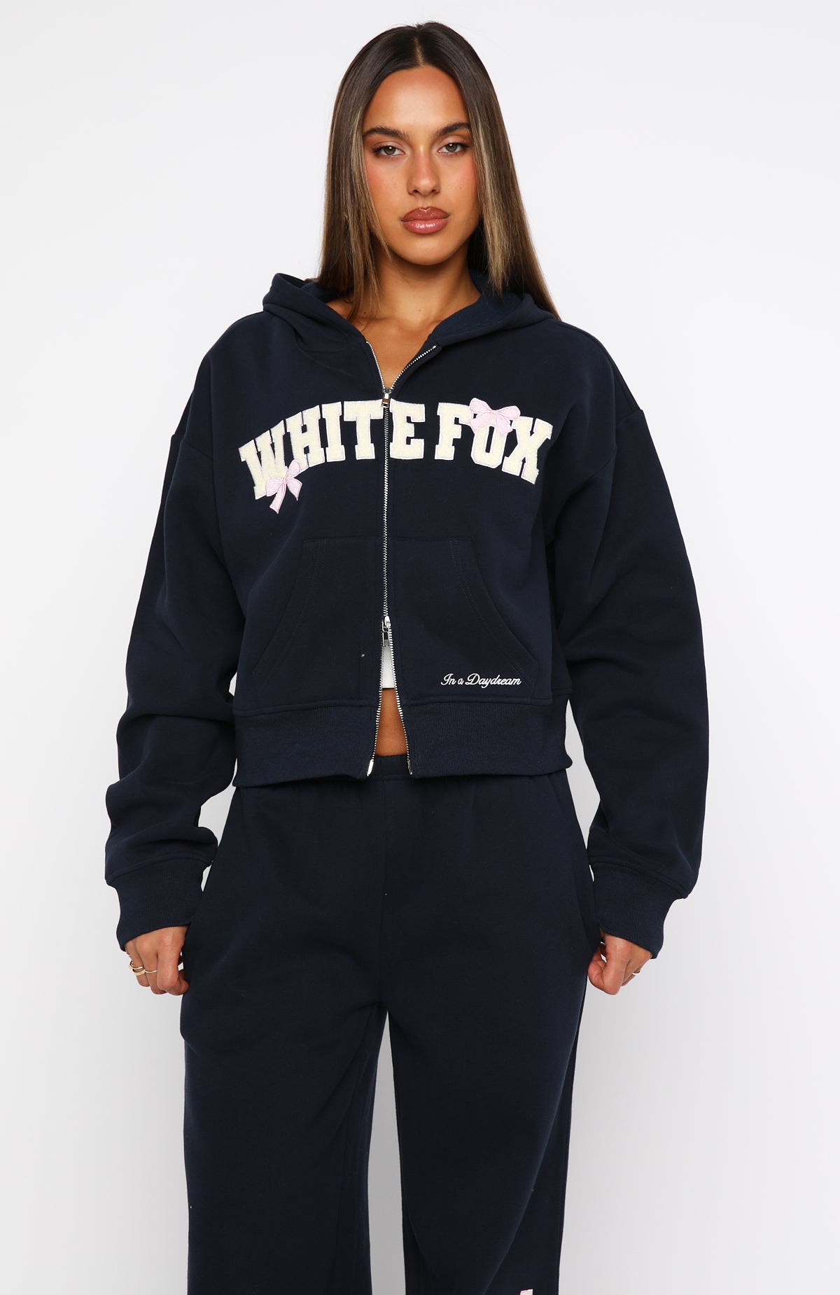 Daydreamers Madeline Boxy Zip Front Hoodie Navy | White Fox Boutique