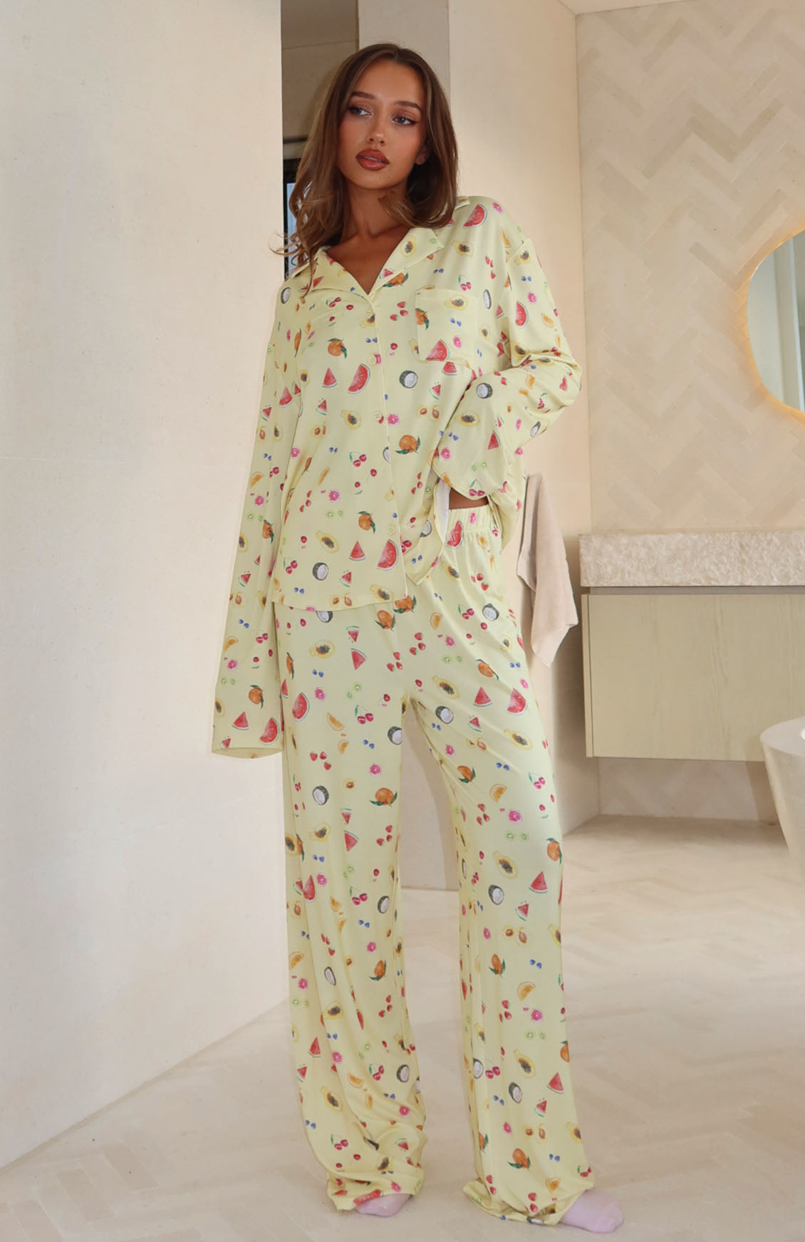 Pillow Talk Printed Long Sleeve Pyjama Set Fruit Salad | White Fox Boutique