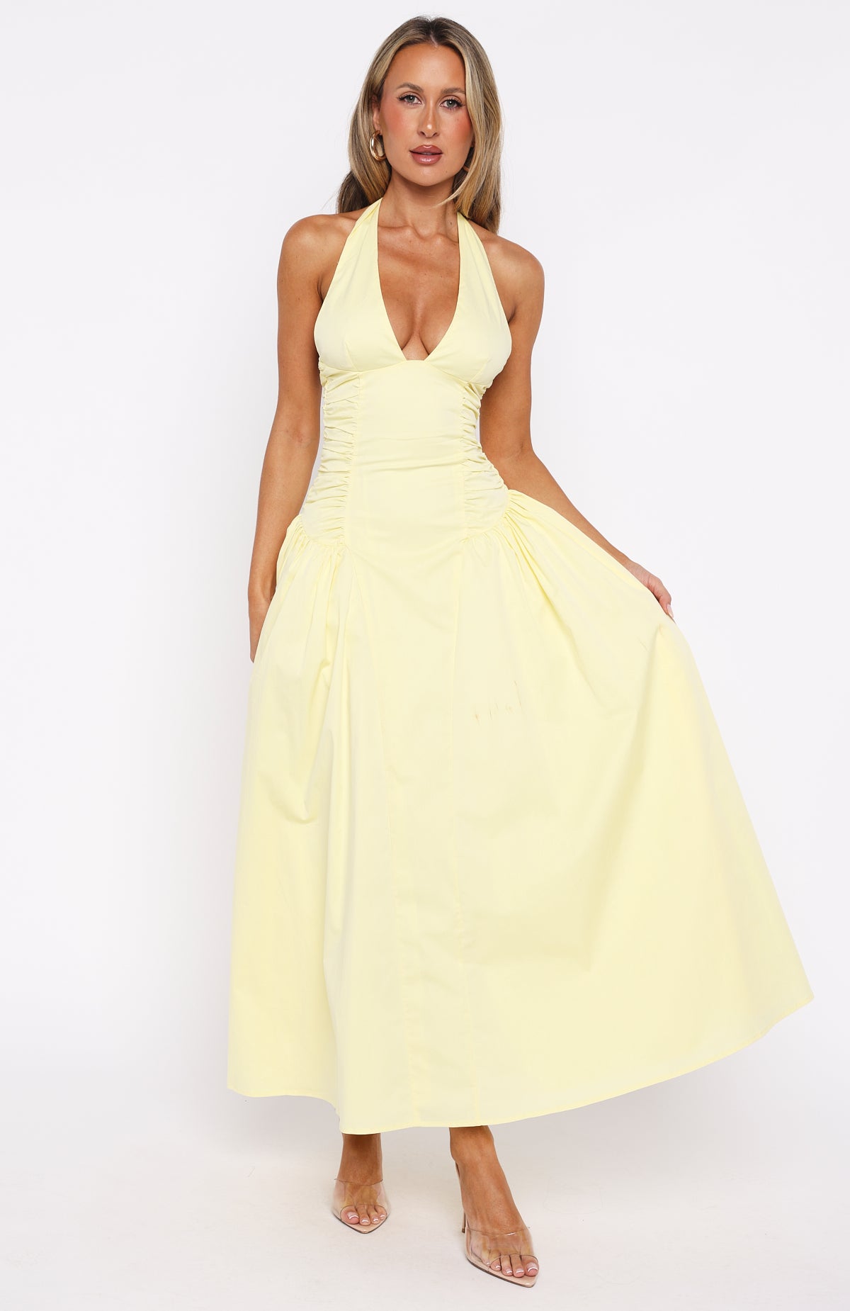 Tinsel Trouble Halter Midi Dress Lemon | White Fox Boutique