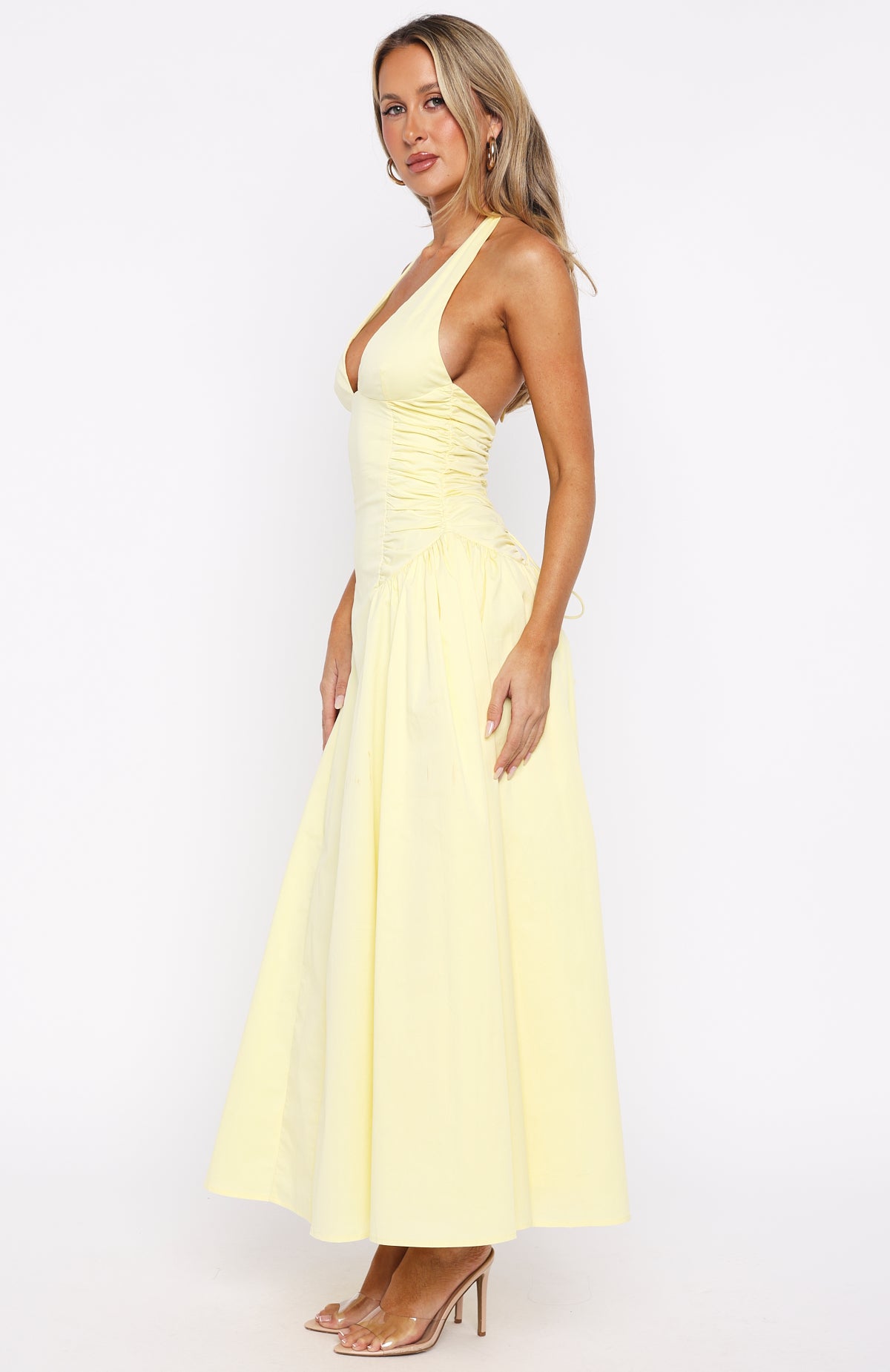 Tinsel Trouble Halter Midi Dress Lemon | White Fox Boutique